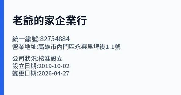 老爺的家企業行的照片-統編 82754884(高雄市) 公司登記資料與營業項目詳細圖表
