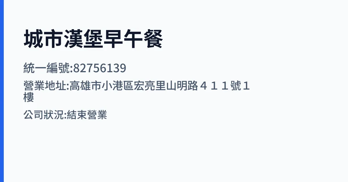 城市漢堡早午餐 - 統編 82756139(高雄市) 公司登記資料與營業項目詳細圖表