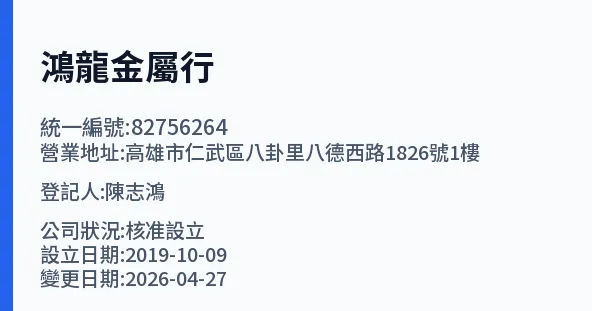 鴻龍金屬行的照片-統編 82756264(高雄市) 公司登記資料與營業項目詳細圖表