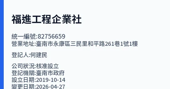 福進工程企業社的照片-統編 82756659(臺南市) 公司登記資料與營業項目詳細圖表