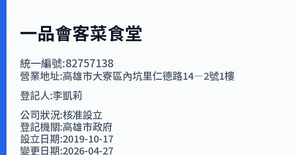 一品會客菜食堂的照片-統編 82757138(高雄市) 公司登記資料與營業項目詳細圖表