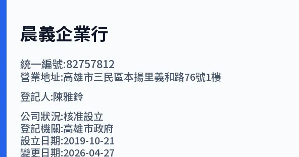 晨義企業行的照片-統編 82757812(高雄市) 公司登記資料與營業項目詳細圖表