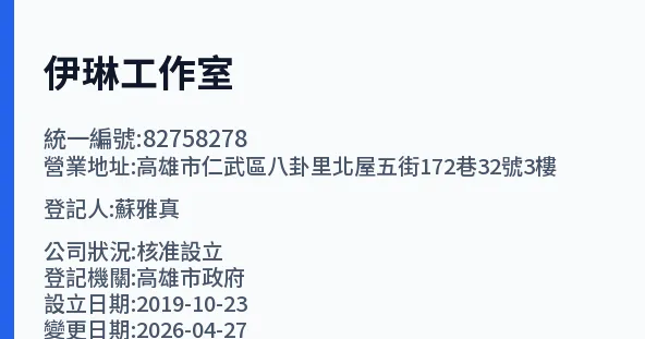 伊琳工作室的照片-統編 82758278(高雄市) 公司登記資料與營業項目詳細圖表
