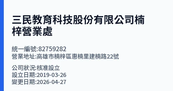 三民教育科技股份有限公司楠梓營業處的照片-統編 82759282(高雄市) 公司登記資料與營業項目詳細圖表