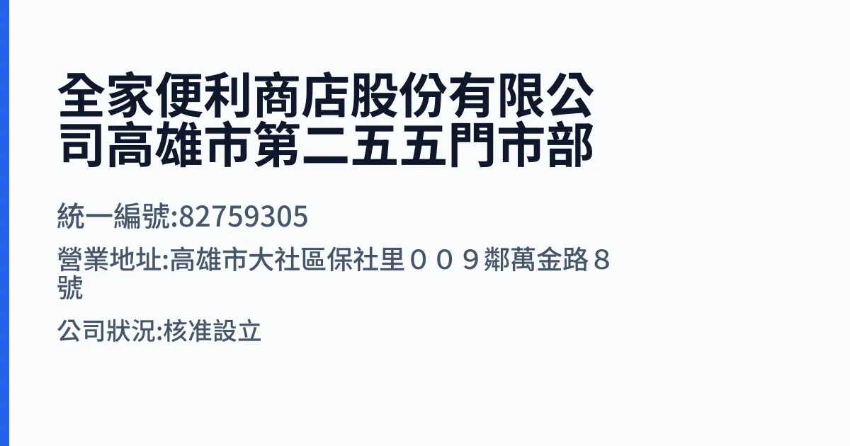 全家便利商店股份有限公司高雄市第二五五門市部 - 統編 82759305(高雄市) 公司登記資料與營業項目詳細圖表
