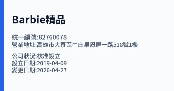Barbie精品的照片-統編 82760078(高雄市) 公司登記資料與營業項目詳細圖表