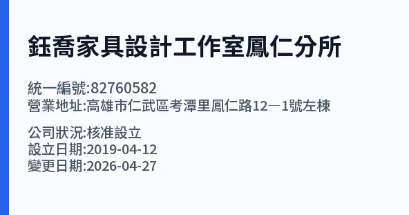 鈺喬家具設計工作室鳳仁分所的照片-統編 82760582(高雄市) 公司登記資料與營業項目詳細圖表