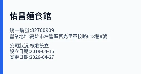 佑昌麵食館的照片-統編 82760909(高雄市) 公司登記資料與營業項目詳細圖表