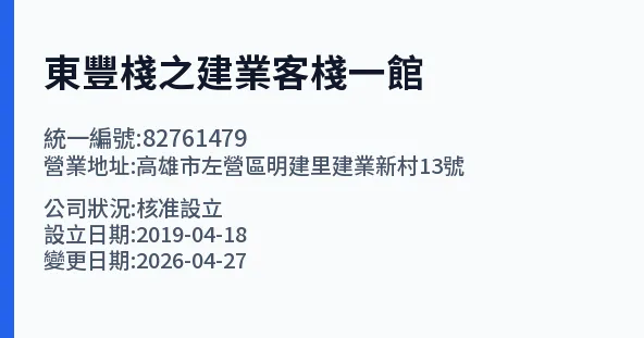 東豐棧之建業客棧一館的照片-統編 82761479(高雄市) 公司登記資料與營業項目詳細圖表