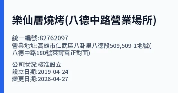 樂仙居燒烤(八德中路營業場所)的照片-統編 82762097(高雄市) 公司登記資料與營業項目詳細圖表