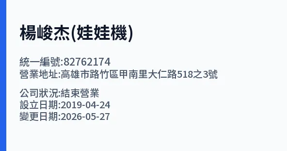 楊峻杰(娃娃機)的照片-統編 82762174(高雄市) 公司登記資料與營業項目詳細圖表