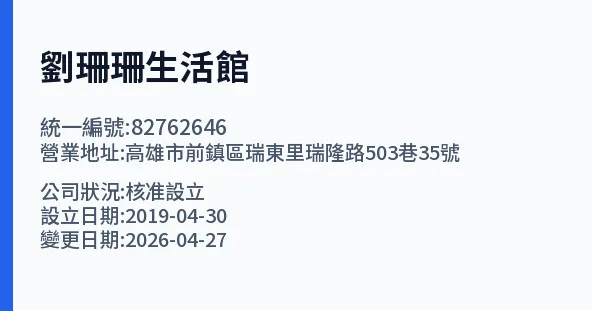 劉珊珊生活館的照片-統編 82762646(高雄市) 公司登記資料與營業項目詳細圖表