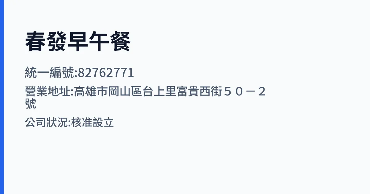 春發早午餐 - 統編 82762771(高雄市) 公司登記資料與營業項目詳細圖表