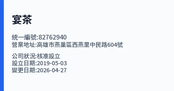 宴茶的照片-統編 82762940(高雄市) 公司登記資料與營業項目詳細圖表