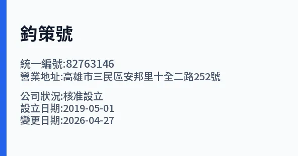 鈞策號的照片-統編 82763146(高雄市) 公司登記資料與營業項目詳細圖表
