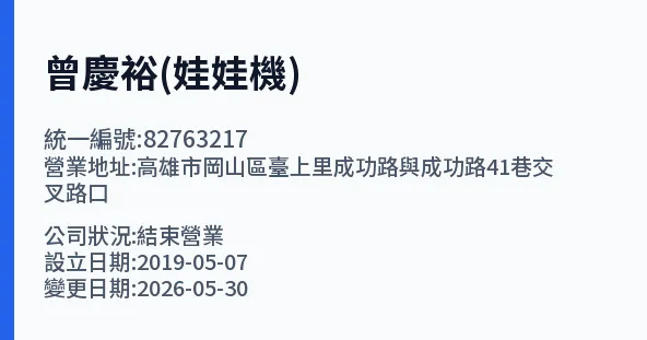 曾慶裕(娃娃機)的照片-統編 82763217(高雄市) 公司登記資料與營業項目詳細圖表