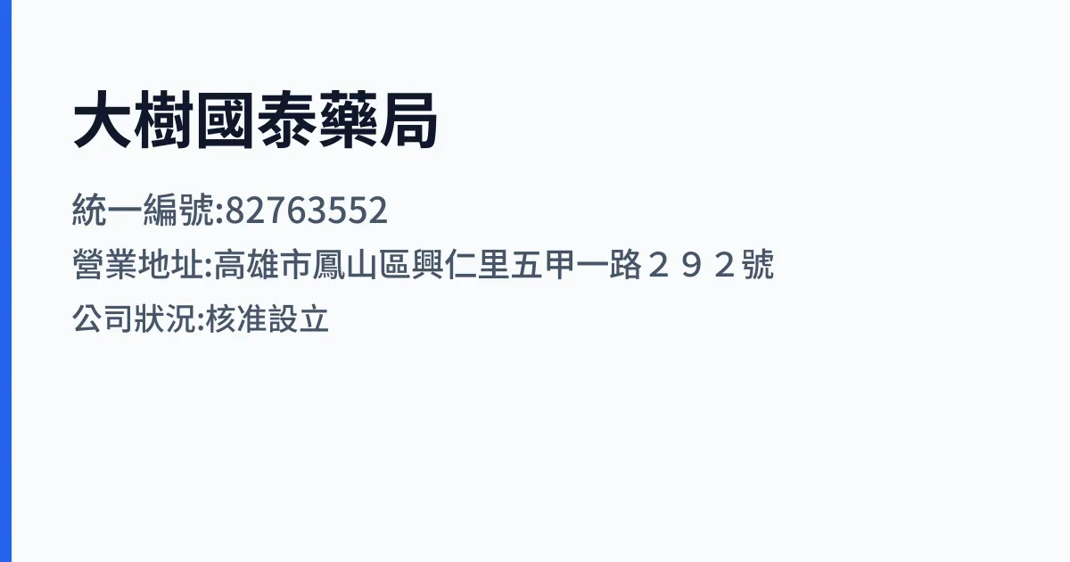 大樹國泰藥局 - 統編 82763552(高雄市) 公司登記資料與營業項目詳細圖表