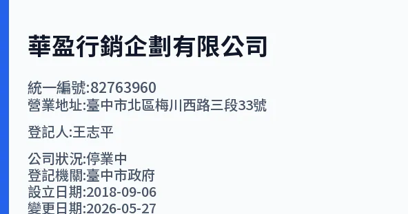 華盈行銷企劃有限公司的照片-統編 82763960(臺中市) 公司登記資料與營業項目詳細圖表