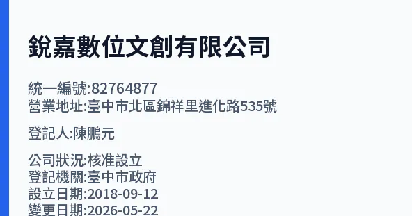 銳嘉數位文創有限公司的照片-統編 82764877(臺中市) 公司登記資料與營業項目詳細圖表