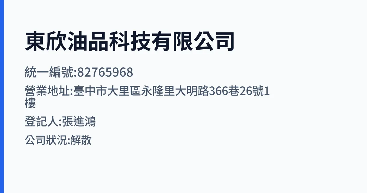 東欣油品科技有限公司 - 統編 82765968(臺中市) 公司登記資料與營業項目詳細圖表