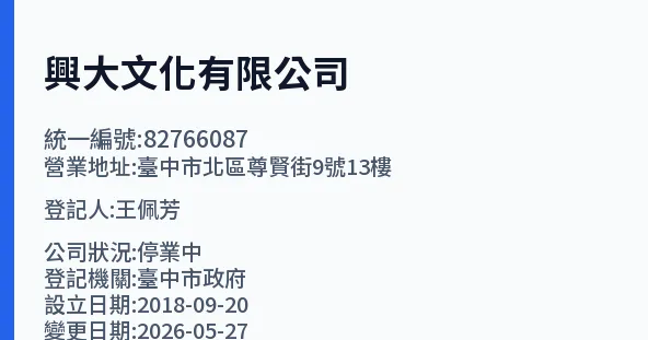 興大文化有限公司的照片-統編 82766087(臺中市) 公司登記資料與營業項目詳細圖表