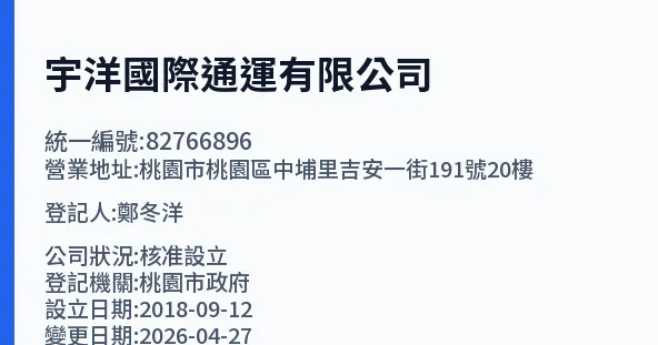 宇洋國際通運有限公司的照片-統編 82766896(桃園市) 公司登記資料與營業項目詳細圖表