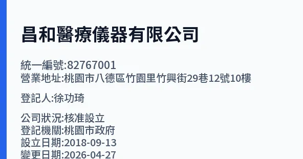 昌和醫療儀器有限公司的照片-統編 82767001(桃園市) 公司登記資料與營業項目詳細圖表