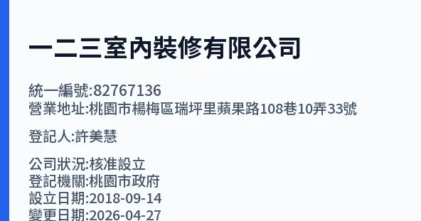一二三室內裝修有限公司的照片-統編 82767136(桃園市) 公司登記資料與營業項目詳細圖表