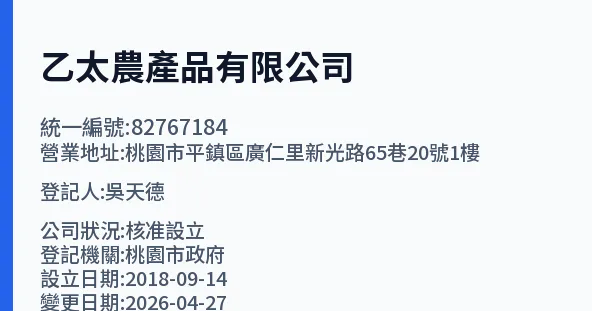 乙太農產品有限公司的照片-統編 82767184(桃園市) 公司登記資料與營業項目詳細圖表