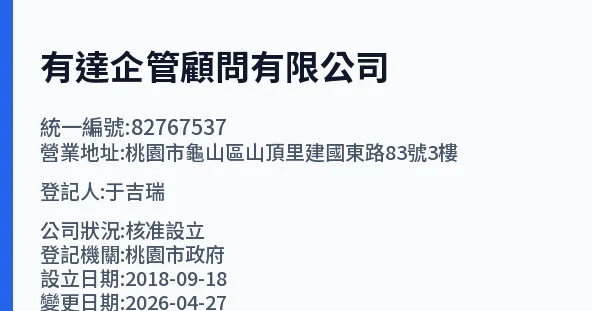 有達企管顧問有限公司的照片-統編 82767537(桃園市) 公司登記資料與營業項目詳細圖表