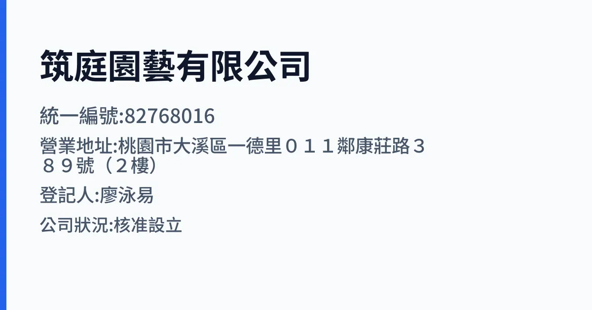 筑庭園藝有限公司 - 統編 82768016(桃園市) 公司登記資料與營業項目詳細圖表