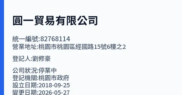 圓一貿易有限公司的照片-統編 82768114(桃園市) 公司登記資料與營業項目詳細圖表