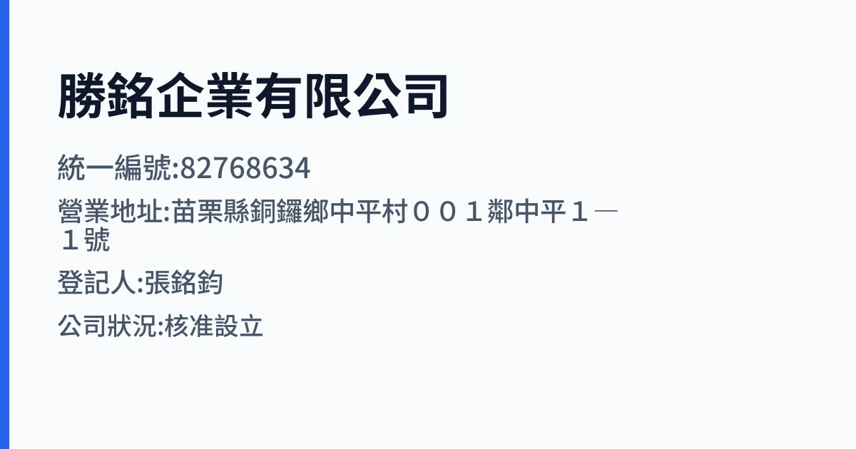 勝銘企業有限公司 - 統編 82768634(苗栗縣) 公司登記資料與營業項目詳細圖表