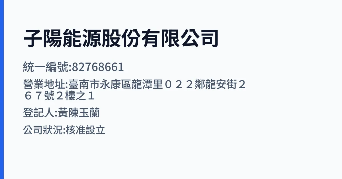 子陽能源股份有限公司 - 統編 82768661(臺南市) 公司登記資料與營業項目詳細圖表