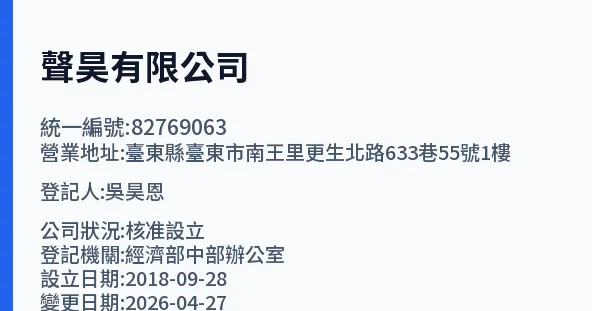 聲昊有限公司的照片-統編 82769063(臺東縣) 公司登記資料與營業項目詳細圖表