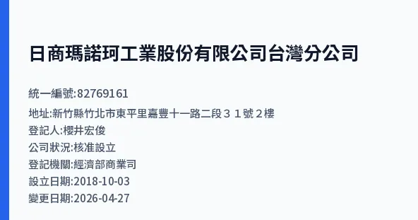 日商瑪諾珂工業股份有限公司台灣分公司的照片-統編 82769161(新竹縣) 公司登記資料與營業項目詳細圖表