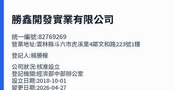 勝鑫開發實業有限公司的照片-統編 82769269(雲林縣) 公司登記資料與營業項目詳細圖表