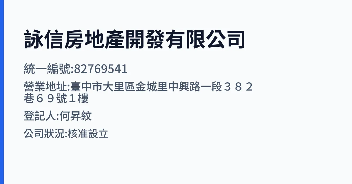詠信房地產開發有限公司 - 統編 82769541(臺中市) 公司登記資料與營業項目詳細圖表