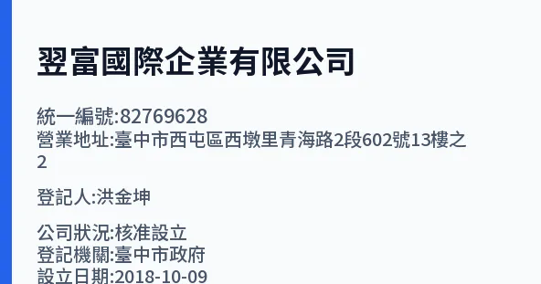 翌富國際企業有限公司的照片-統編 82769628(臺中市) 公司登記資料與營業項目詳細圖表