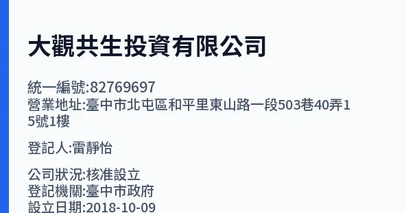 大觀共生投資有限公司的照片-統編 82769697(臺中市) 公司登記資料與營業項目詳細圖表
