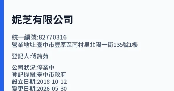 妮芝有限公司的照片-統編 82770316(臺中市) 公司登記資料與營業項目詳細圖表