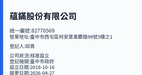 蘊鏋股份有限公司的照片-統編 82770569(臺中市) 公司登記資料與營業項目詳細圖表