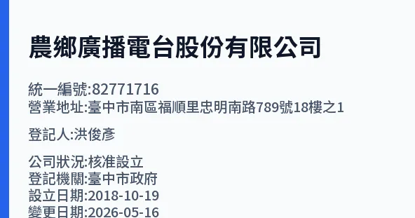 農鄉廣播電台股份有限公司的照片-統編 82771716(臺中市) 公司登記資料與營業項目詳細圖表