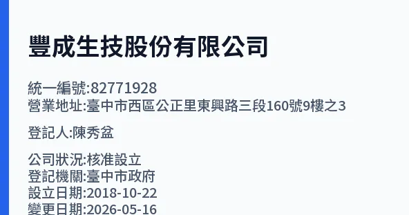 豐成生技股份有限公司的照片-統編 82771928(臺中市) 公司登記資料與營業項目詳細圖表