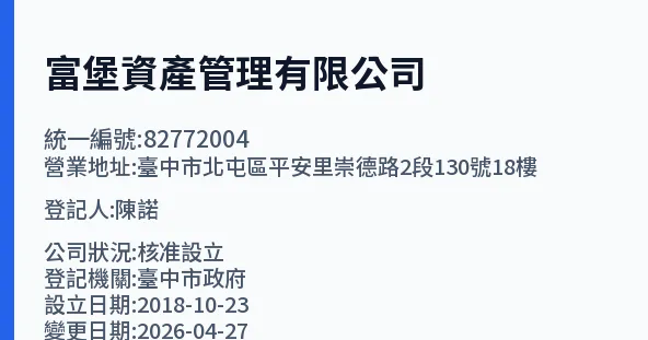 富堡資產管理有限公司的照片-統編 82772004(臺中市) 公司登記資料與營業項目詳細圖表