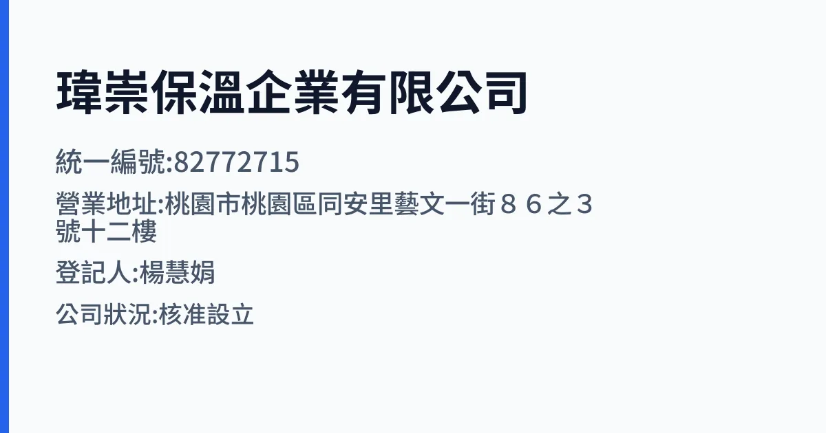 瑋崇保溫企業有限公司 - 統編 82772715(桃園市) 公司登記資料與營業項目詳細圖表