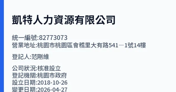 凱特人力資源有限公司的照片-統編 82773073(桃園市) 公司登記資料與營業項目詳細圖表