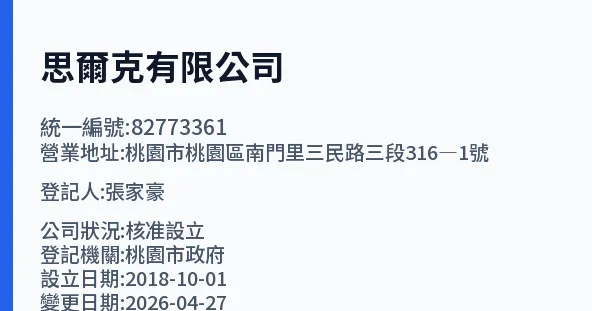 思爾克有限公司的照片-統編 82773361(桃園市) 公司登記資料與營業項目詳細圖表