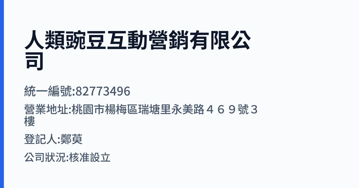 人類豌豆互動營銷有限公司 - 統編 82773496(桃園市) 公司登記資料與營業項目詳細圖表