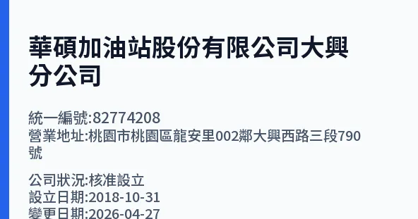 華碩加油站股份有限公司大興分公司的照片-統編 82774208(桃園市) 公司登記資料與營業項目詳細圖表